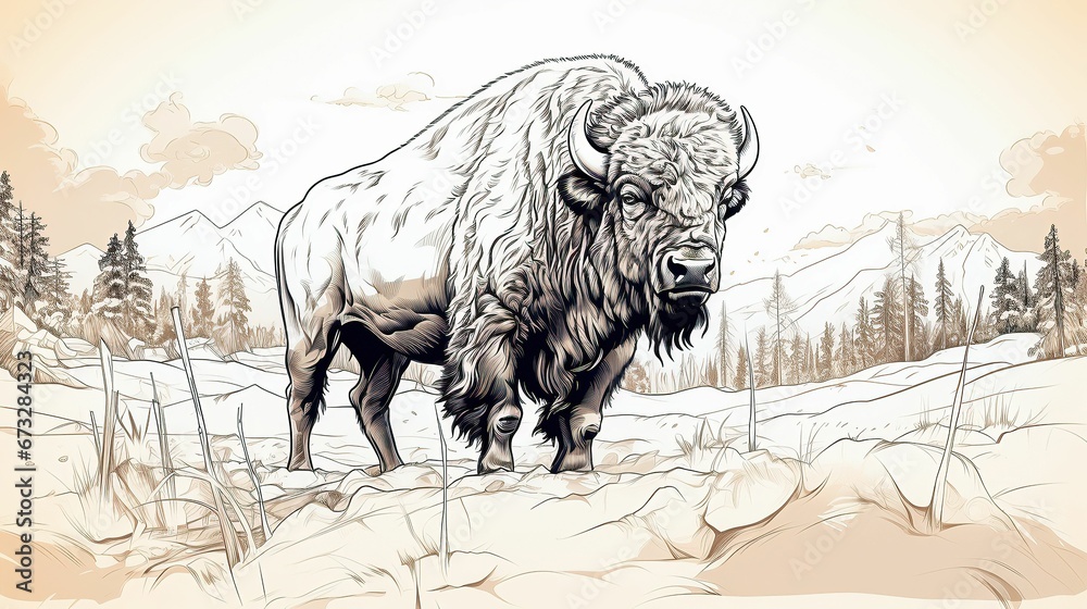 AI generated illustration of a line drawing of a buffalo with sharp ...