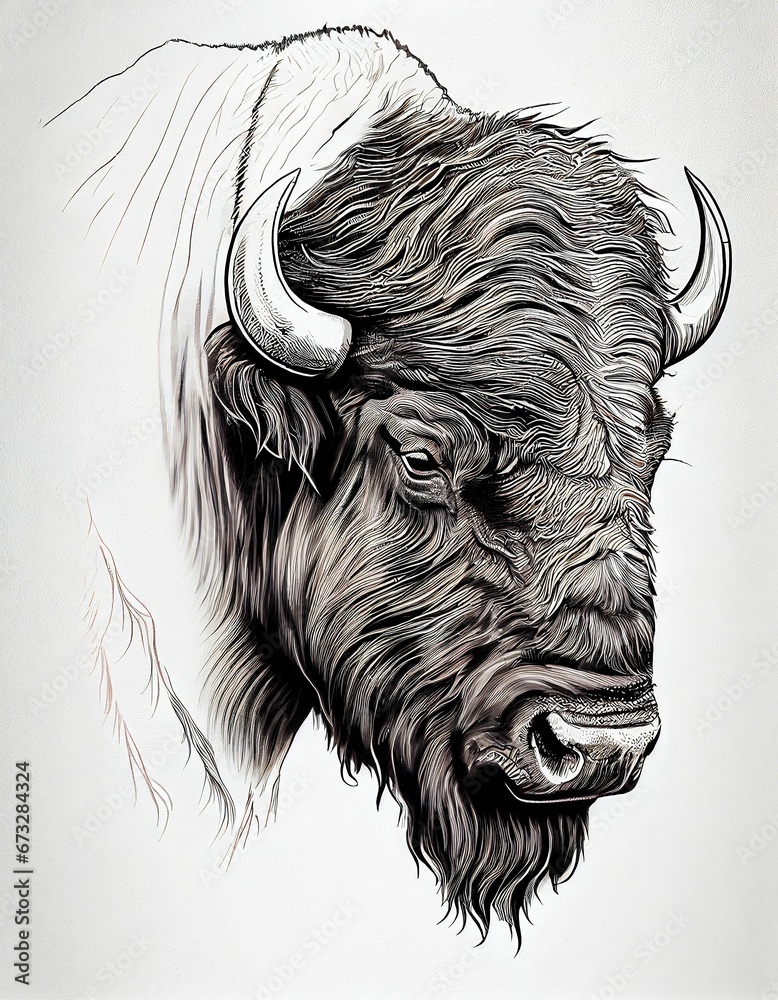 AI generated illustration of a line drawing of a buffalo with sharp ...
