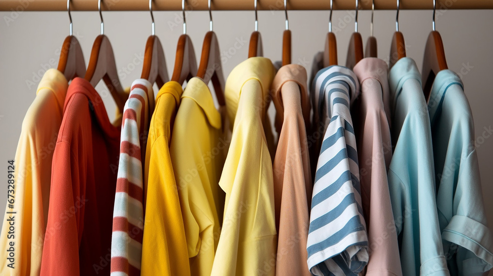 Mix of fashion clothes of different color and style in a hanger in a ...