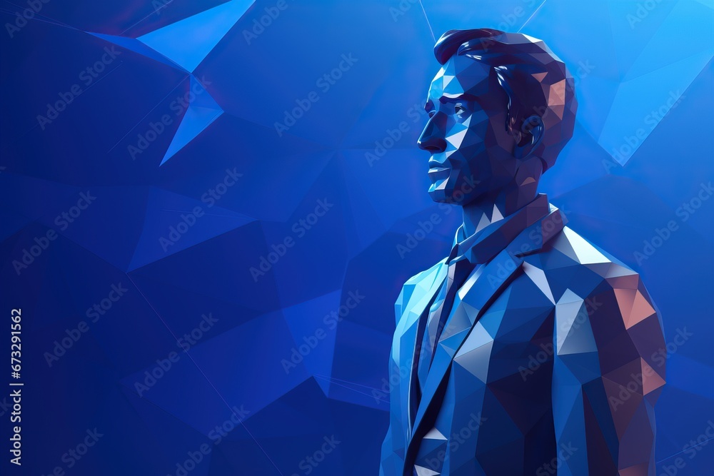 low-poly man stands against a technological blue background, portraying ...