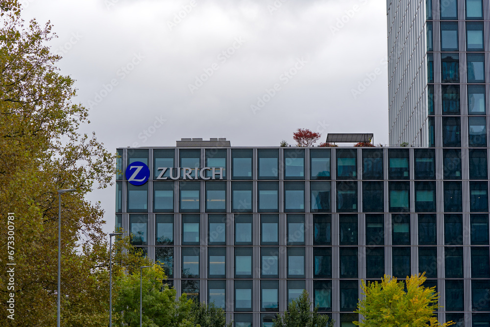 Office tower with modern facade of Swiss insurance company named Zurich ...