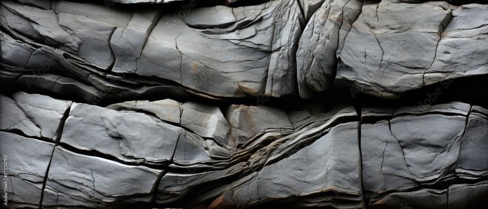 Wavy grey white layers of slate and sandstone rock formation cliff ...