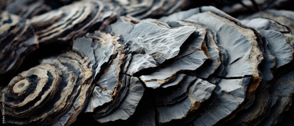 Wavy grey white layers of slate and sandstone rock formation cliff ...