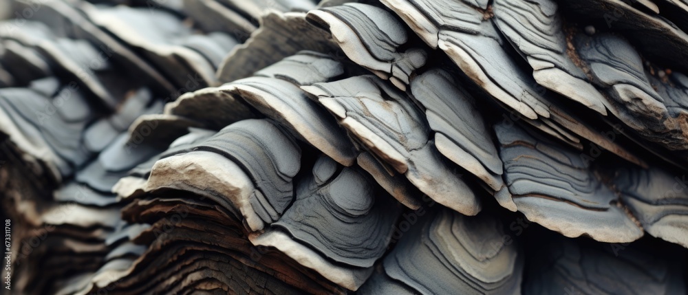 Wavy grey white layers of slate and sandstone rock formation cliff ...