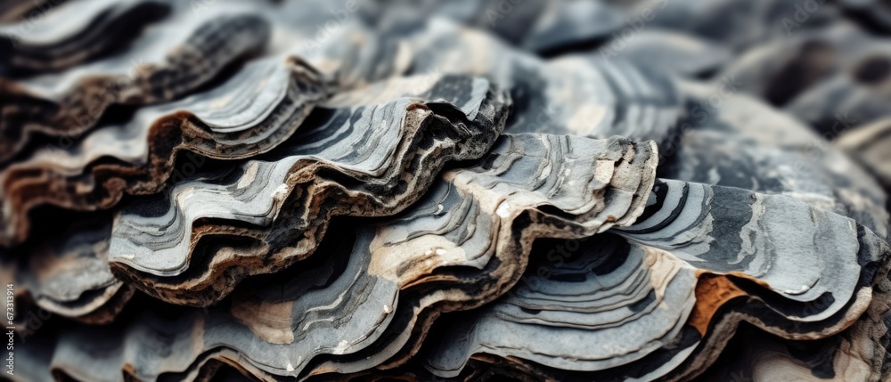 Wavy grey white layers of slate and sandstone rock formation cliff ...