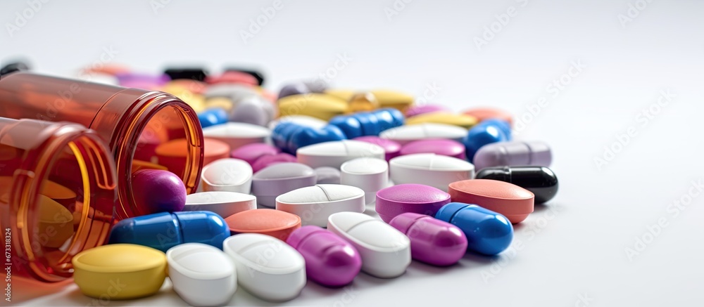 Different types of pills and capsules are shown in various sizes and ...