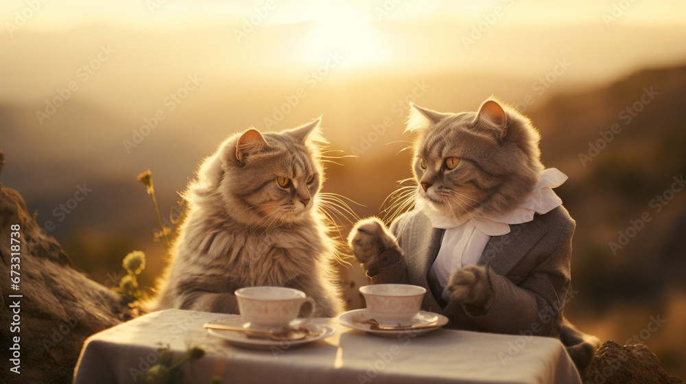 funny cat family drink tea at sunset, two kitty sitting by table and ...
