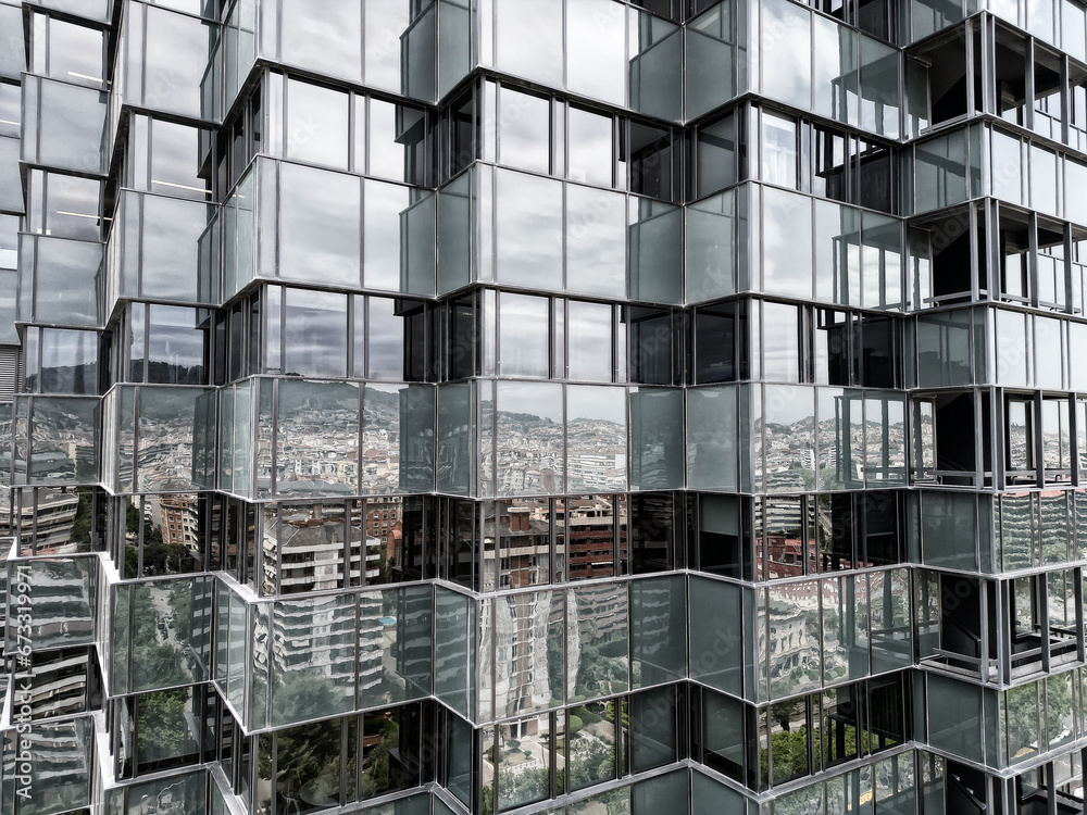 Bottom view of office building window close up, reflection and ...