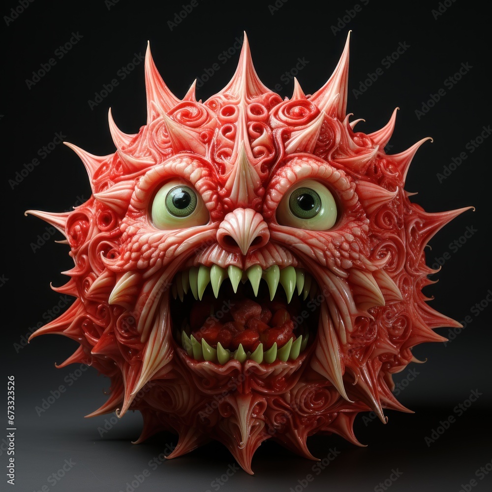 The red apple shape with the green costume displays a strange face ...