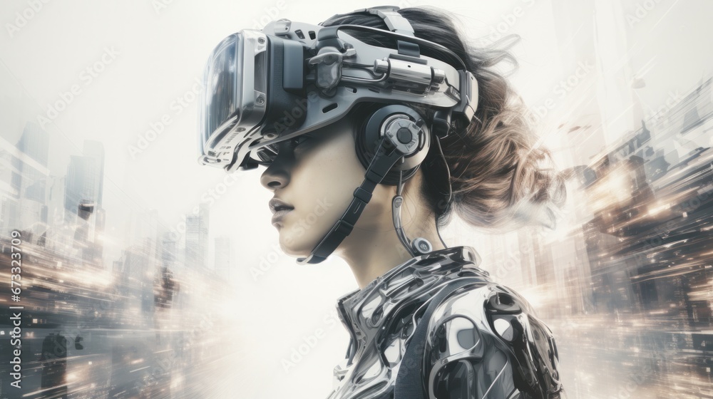 close up VR gamer and the beautiful sci-fi city, technology, headset ...