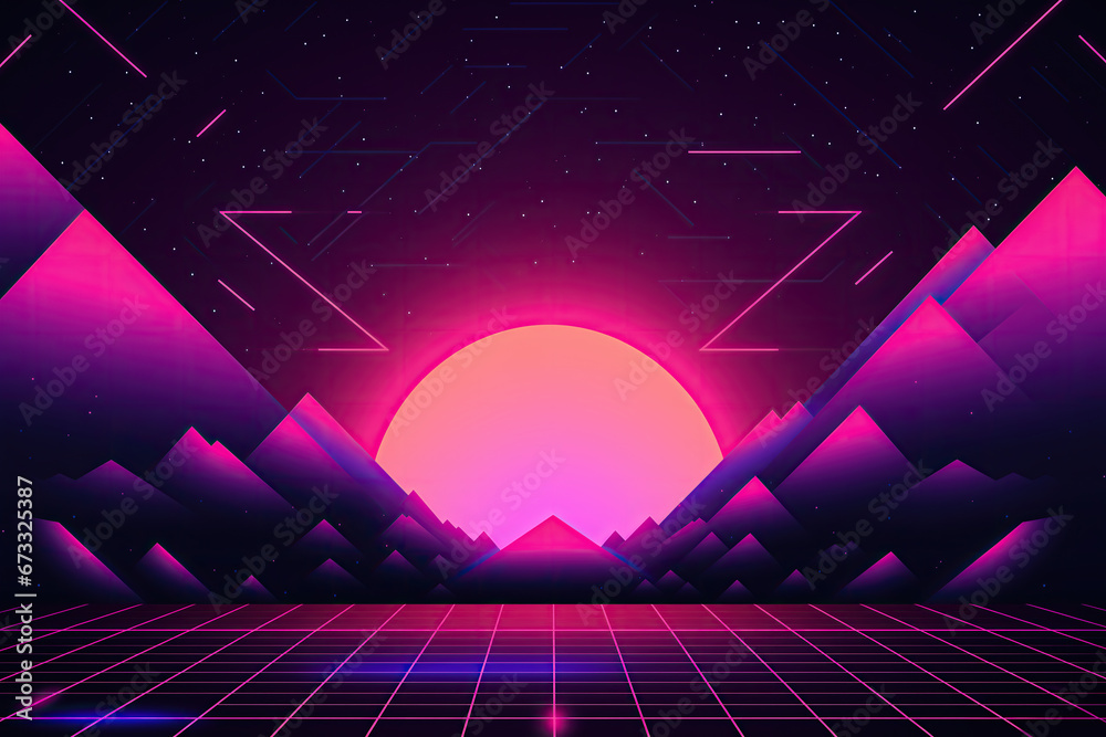 Vintage inspired scenery in style of 80s. Grid backdrop and a cityscape ...