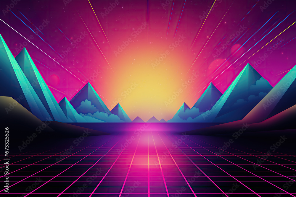 Vintage inspired scenery in style of 80s. Grid backdrop and a cityscape ...