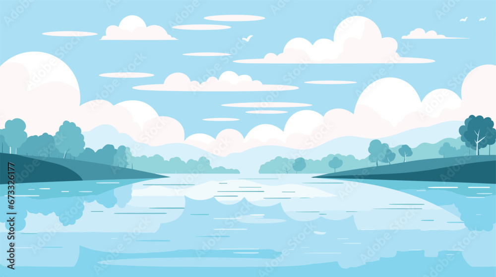 Cartoon landscape with river bay, water surface and river banks with ...