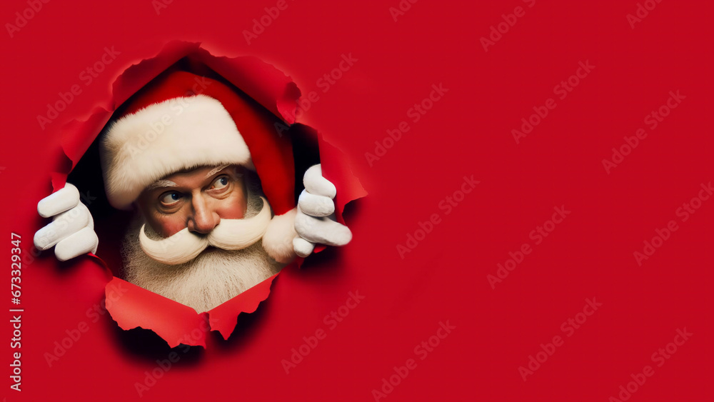 Traditional Santa Claus Appearing from Torn Paper Background. Festive ...