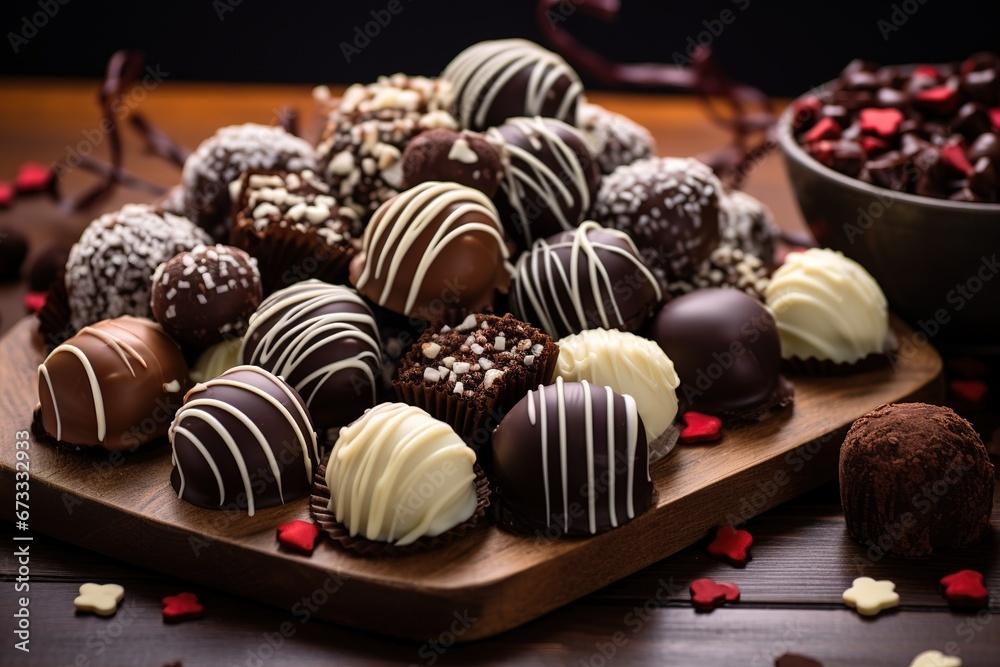 Leckere Pralinen. Selbstgemachte Pralinen aus Schokolade werden auf dem ...