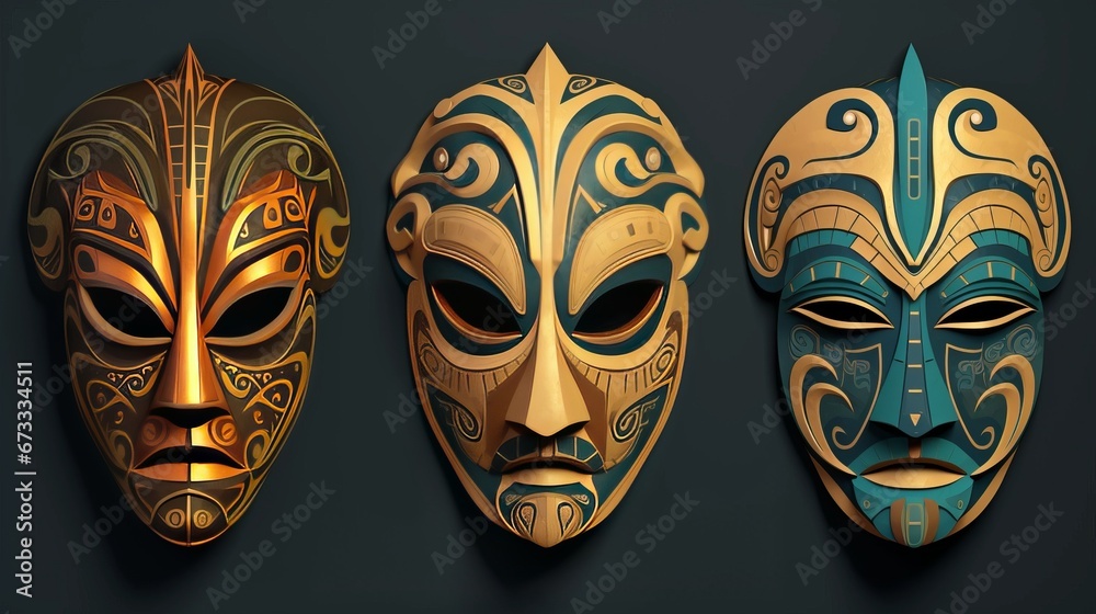 totem colored masks of tribal idols on black background. Stock ...