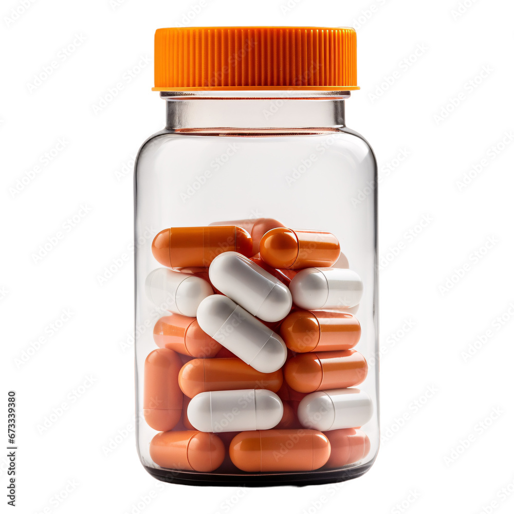 transparent capsules container or bottle with capsules isolated on a ...