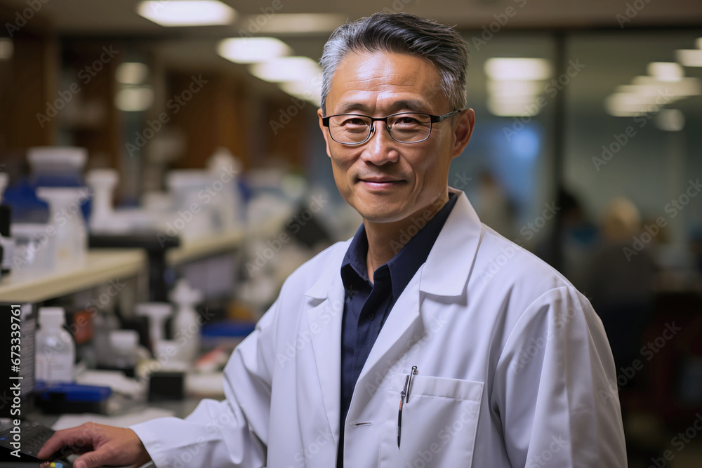 Smiling professional China doctor wears white coat, glasses and ...