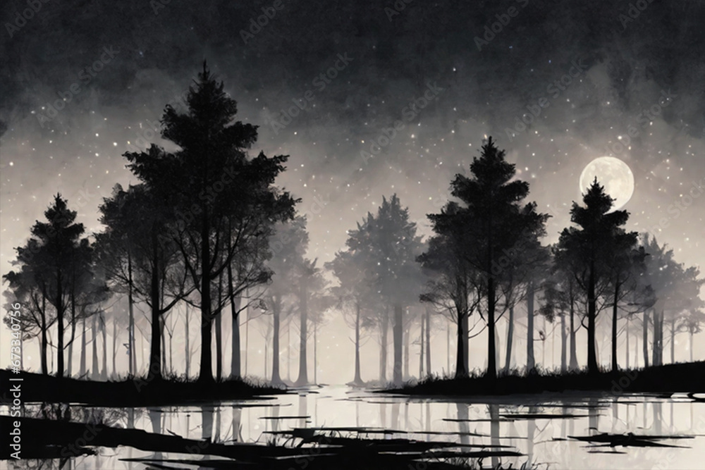 Spooky forest mystery horror beauty in nature, night in the woods under ...