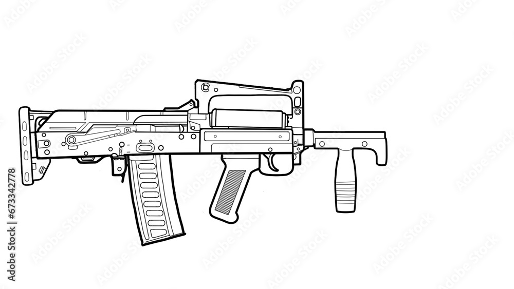 Close up of assault rifle Groza with a tactical grip on an isolated ...