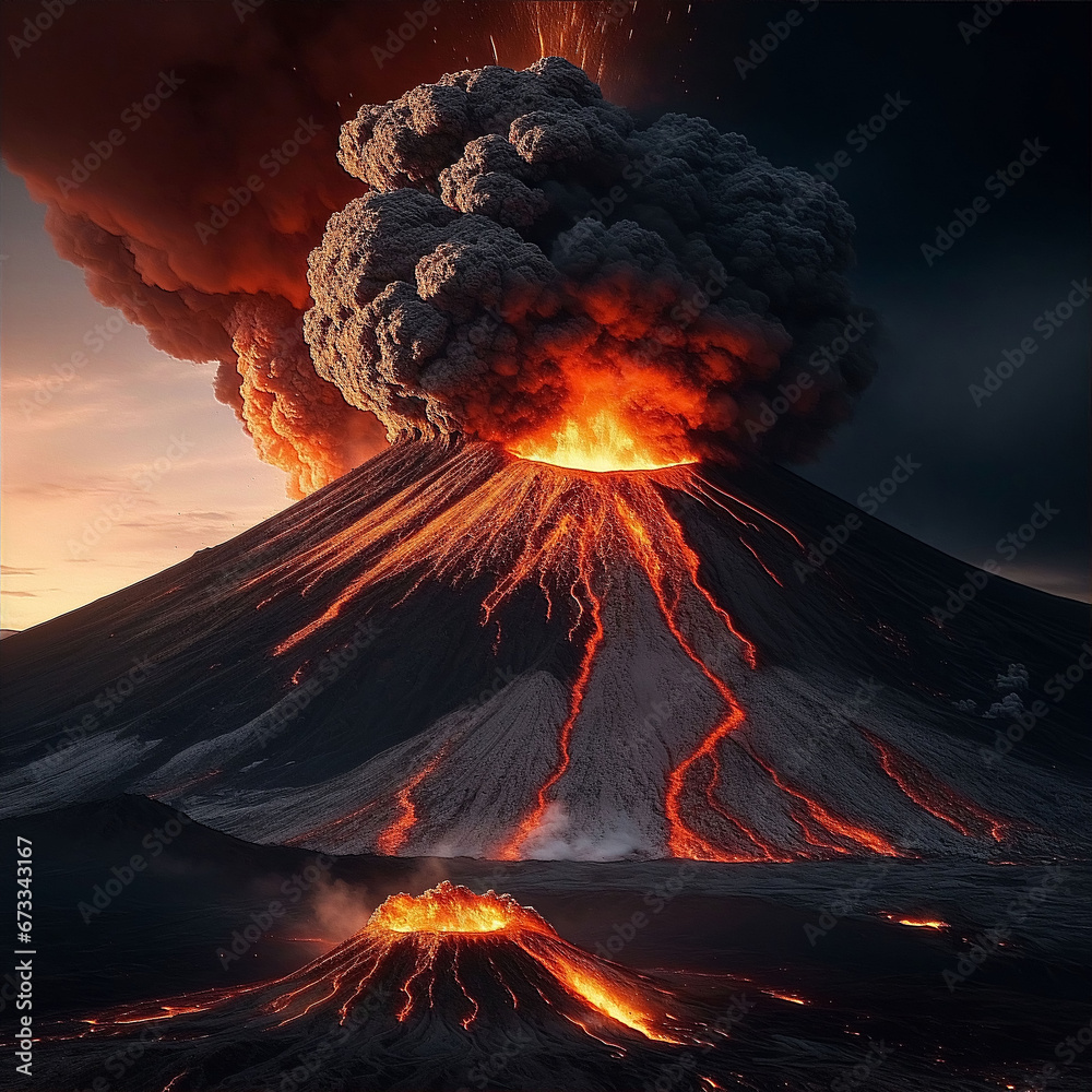 volcano eruption with massive high bursts of lava and hot clouds ...