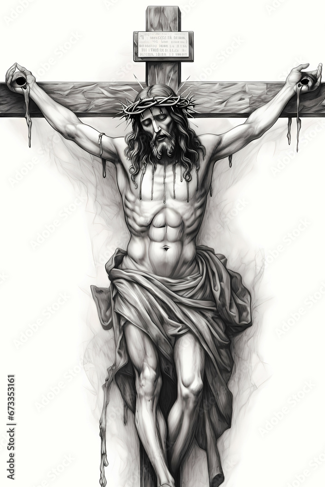 Crucifixion of Jesus Christ on cross inri crown of thorns black and ...