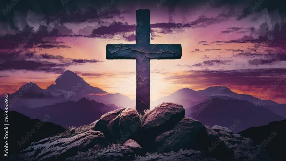 Christian Cross Standing On Solid Rock Foundation Mountaintop Sun Cloud ...