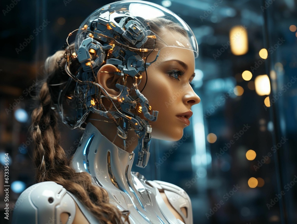 AI generated illustration a female face with robotic features Stock Illustration | Adobe Stock