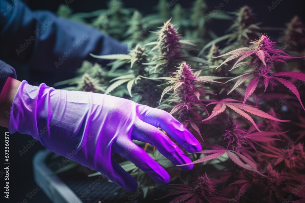 Cannabis Grower wearing purple gloves, hand trimming and harvesting ...