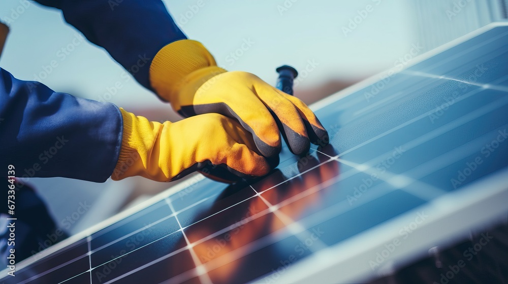 Cropped view of man hands in work gloves mounting photovoltaic solar ...
