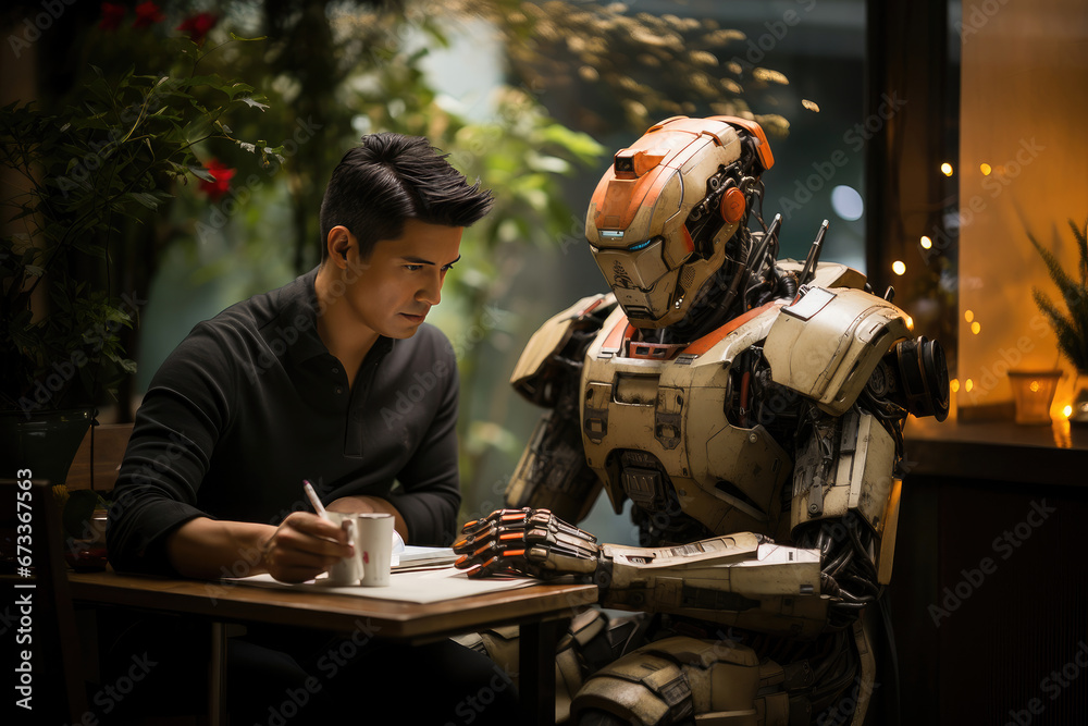 A man and an advanced humanoid robot engage thoughtfully over paperwork, symbolizing the ...