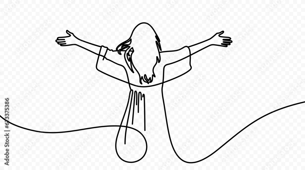 Continuous one line drawing of happy woman raised her hands up vector ...