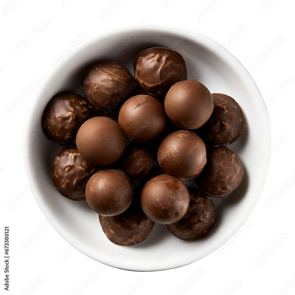 Dark chocolate truffles on a white porcelain plate, on a transparent ...