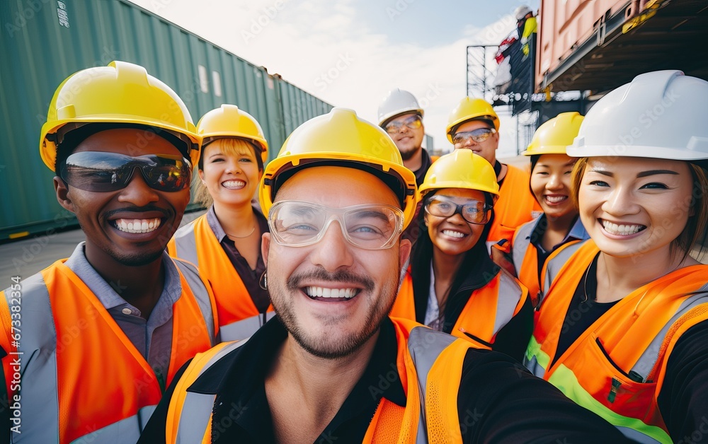 Construction worker, selfie and portrait with smile outdoor of builder ...