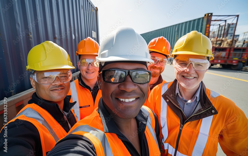 Construction worker, selfie and portrait with smile outdoor of builder ...
