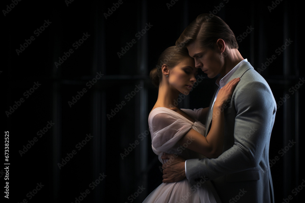 Classic ballet pose, ballerina and male dancer, romantic embrace ...