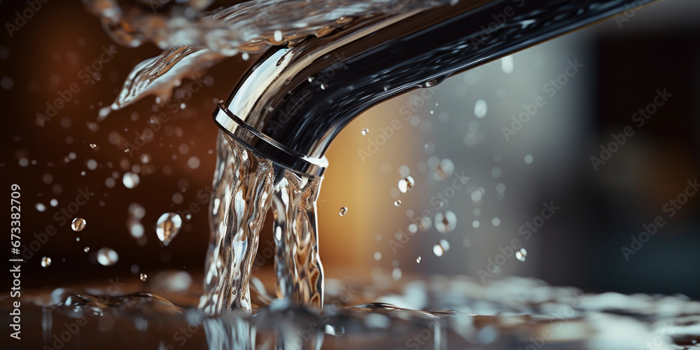dripping sink faucet, water droplet mid-fall, cold steel fixture ...