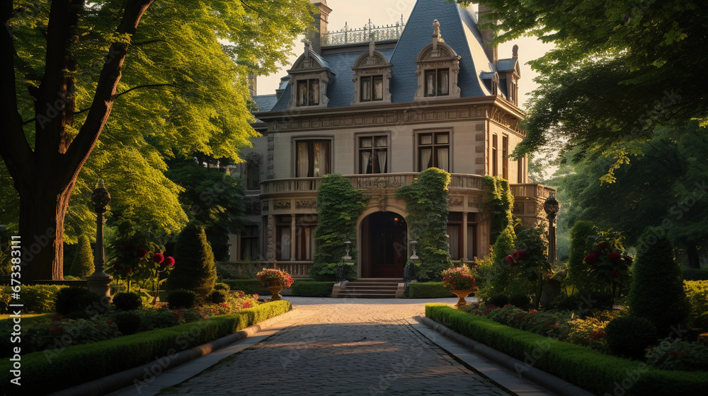 rand Victorian mansion, lush gardens in the front, cobblestone pathway ...