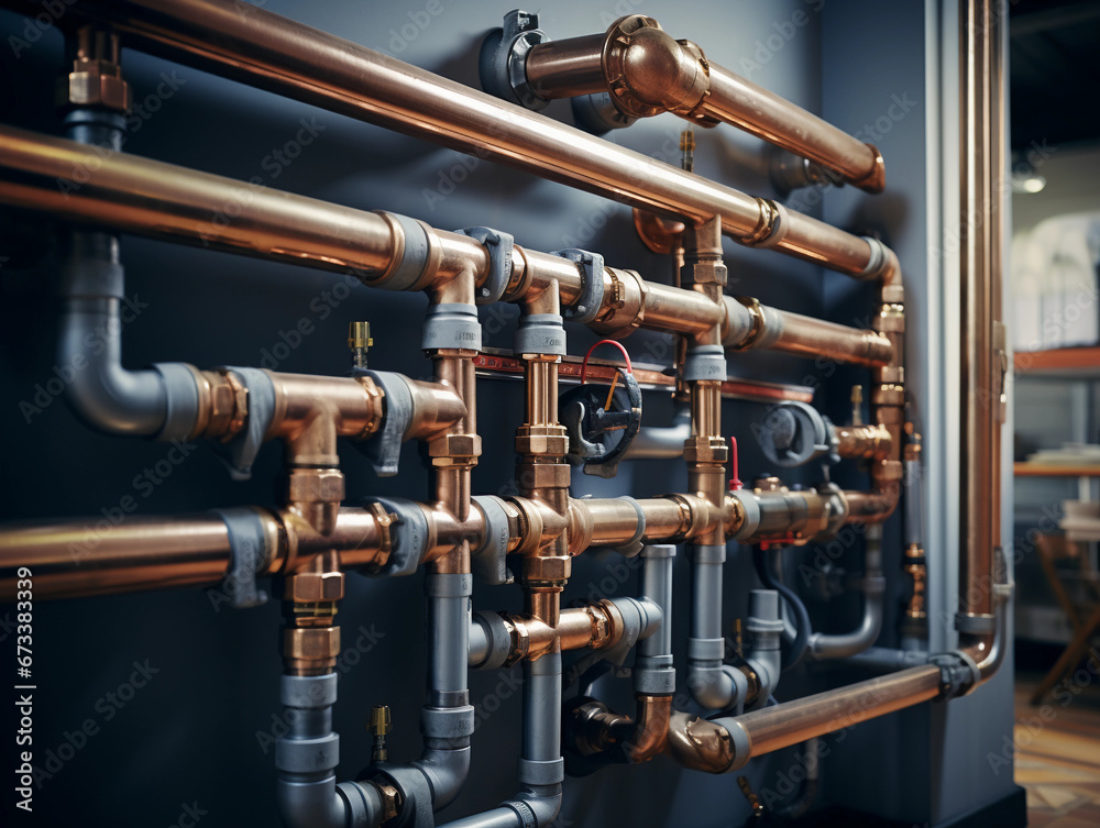 modern plumbing setup, PEX pipes with brass fittings, behind-the-wall ...