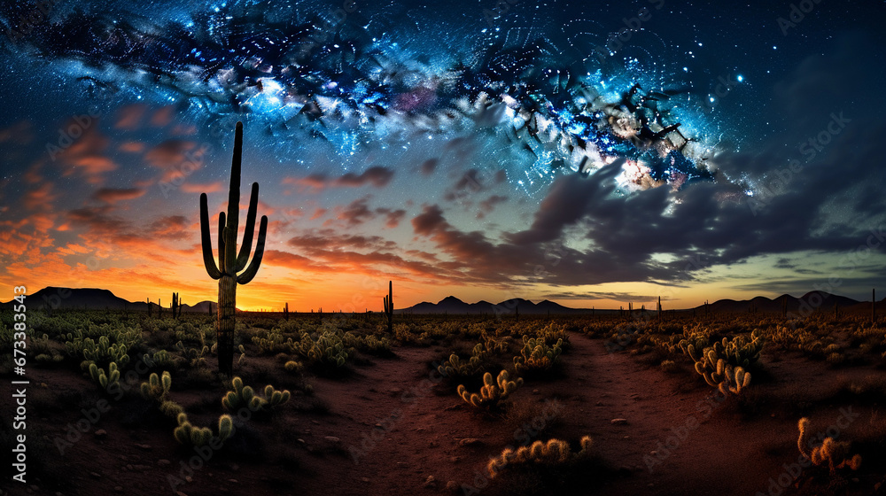 Milky Way arching over a remote desert, pin-sharp stars, cosmic dust ...