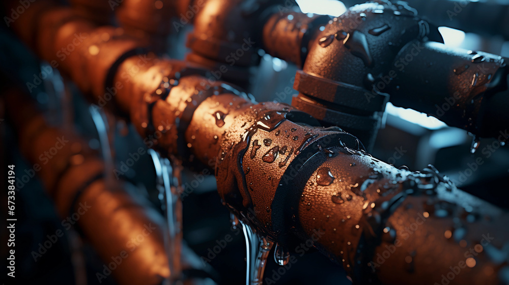 rusted copper pipe system, intricately tangled, aged patina, corrosion ...