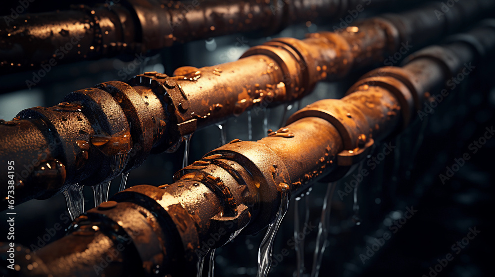 rusted copper pipe system, intricately tangled, aged patina, corrosion ...