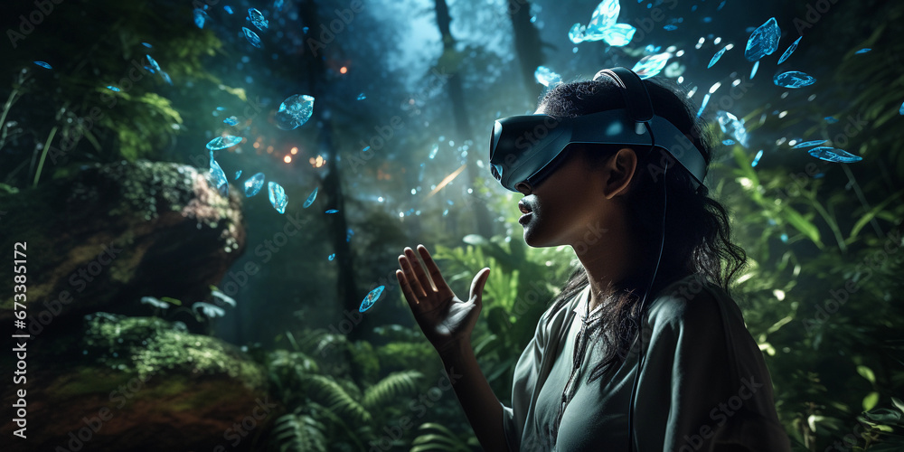 Virtual reality environment, lush forest, ethereal lighting, avatar ...