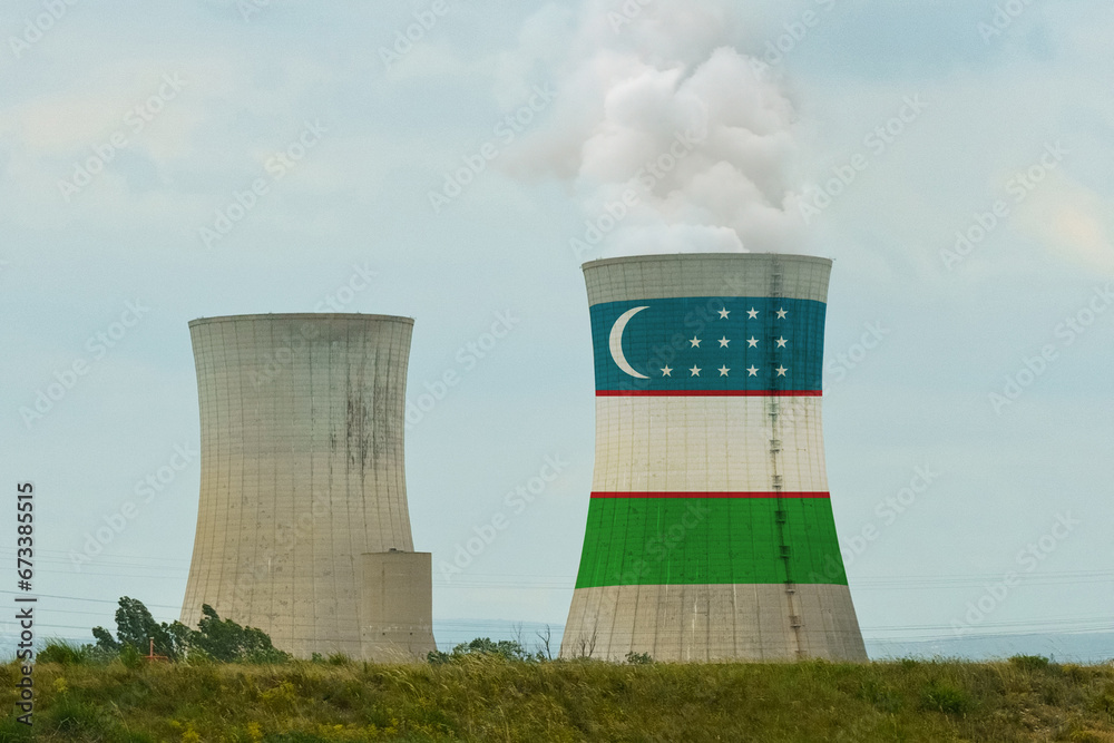The flag of Uzbekistan is depicted on the cooling tower of the nuclear ...