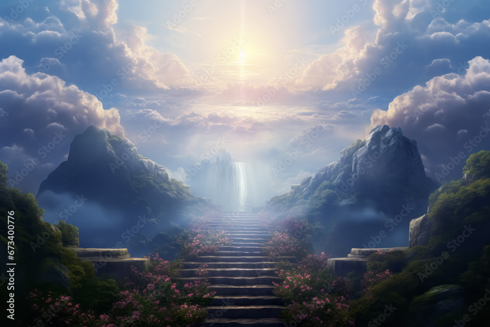 Beautiful fantasy landscape with spiritual pathway to heaven and ...