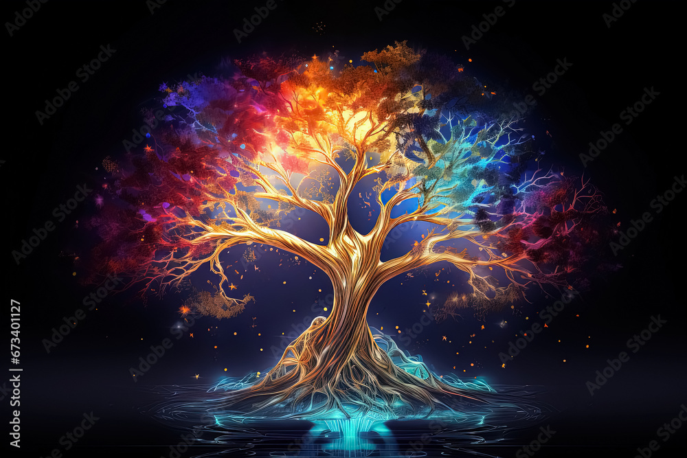 Colorful sacred spiritual Tree of Life fantasy background. Cycle of ...