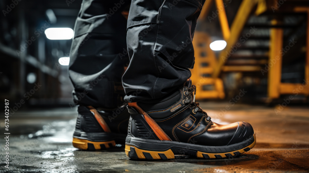 Close-up safety working shoe on a worker feet is standing at the ...