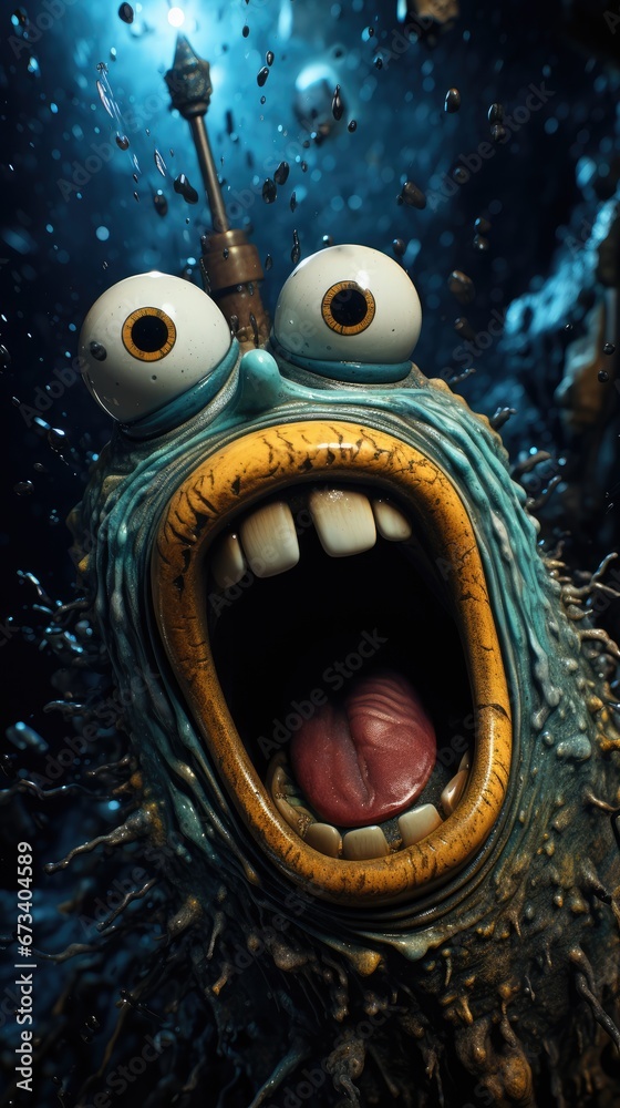 a close up of a fish with its mouth open and a toothbrush sticking out ...