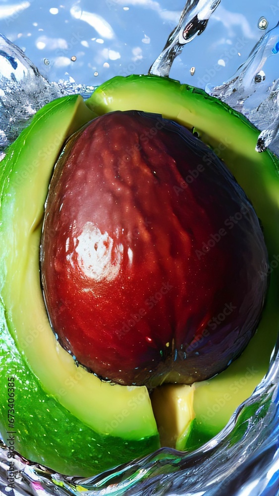 Half an avocado fell into a puddle of blue water. Green avocado with a ...