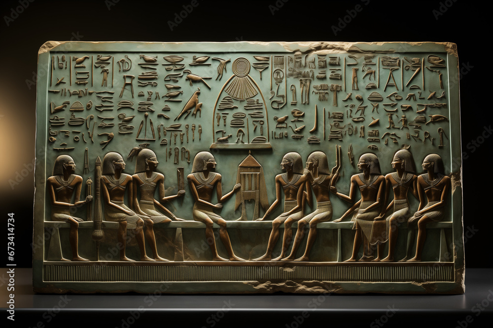 Egyptian stone relief showing Pharaoh and his family pray, detail of ...